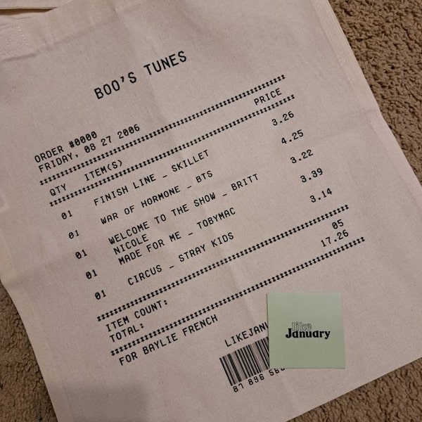 Custom Song Receipt Tote, Customizable Song Playlist Tote Bag, Custom ...