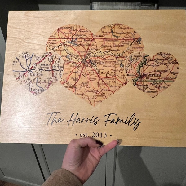 Personalized Long Distance Family Maps on Wood: 3-5 Locations, Custom ...