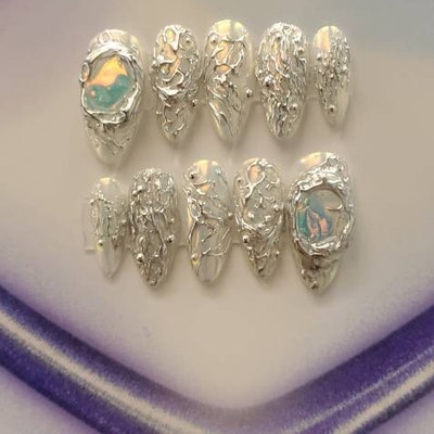 LM014 Black and White Star Themed Nails Minimal Style Nails Handpainted ...