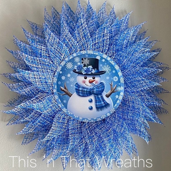 Blue Snowman Wreath Sign, Winter Wreath Sign, Metal Wreath Sign, Round ...