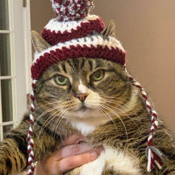 Beanie Hat for Cats, Burgundy - Gray - White Striped Pom Pom Hat for ...