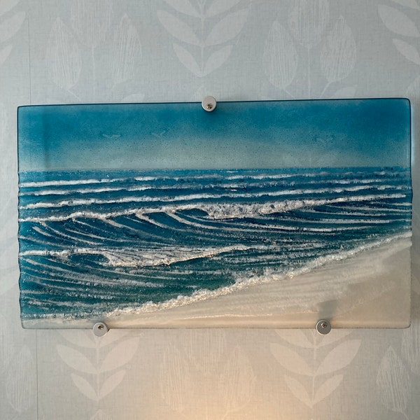 Wave Fused Glass Wall Art 44x26cm(17x10"), Turquoise Blue Sea Glass ...
