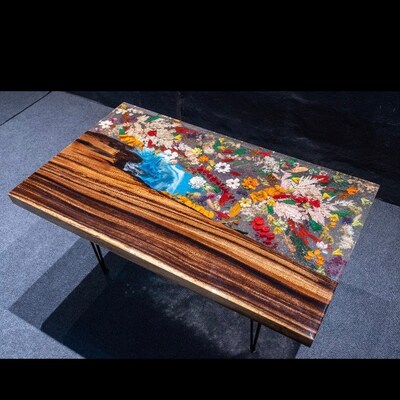 Table: Wood & Floral Art Resin Custom Handcrafted Statement Piece ...