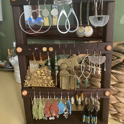 Rotating Earring Holder Stand, Oak, Wooden, Jewelry Display, 4 Sided ...