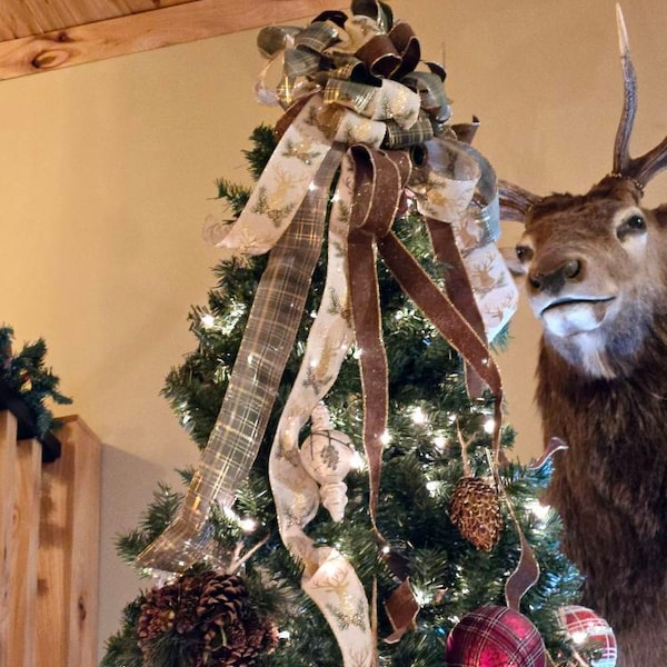 Rustic Christmas Tree Topper Bow, Large Christmas Bow Tree Topper, Woodland Christmas Tree ...