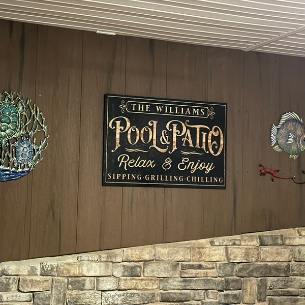 METAL SIGN! Personalized Pool & Patio Sign Backyard Bar and Grill Pool Deck Custom Family Last ...