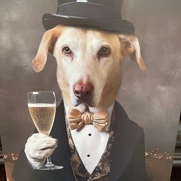 Custom Gentleman Dog Portrait, Dog Drink Wine Portrait, Gentleman Pet ...