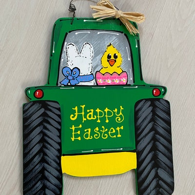 Happy Easter FARM TRACTOR Bunny & Chick SIGN Wall Door Hanger Plaque ...