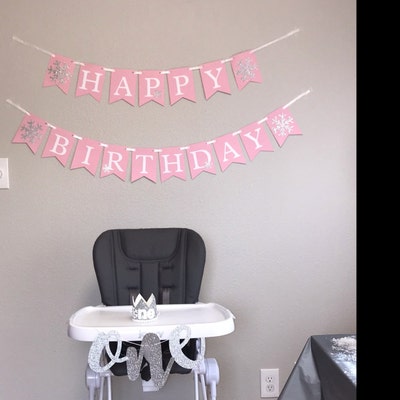 Winter Wonderland Happy Birthday Banner Pink Silver - Etsy