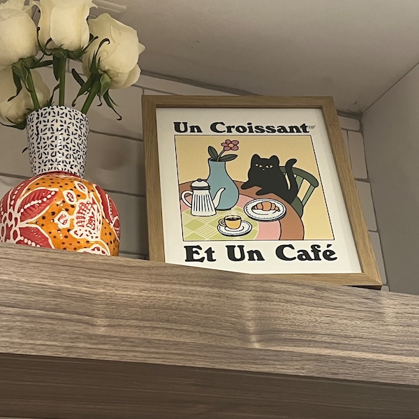 French Cafe Croissant Cat Print, Retro Drink Poster, Bistro Coffee ...