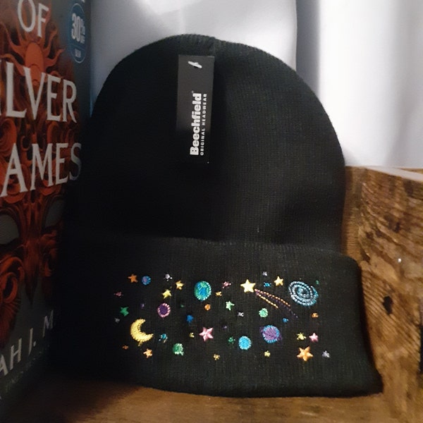 Galactic Space Celestial Winter Embroidered Black Bobble / Beanie Hat ...