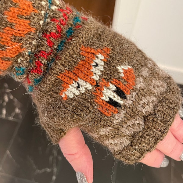 Fair Isle Fox Mitten, Knit Fingerless Gloves, Fair Isle Mittens, Hand ...