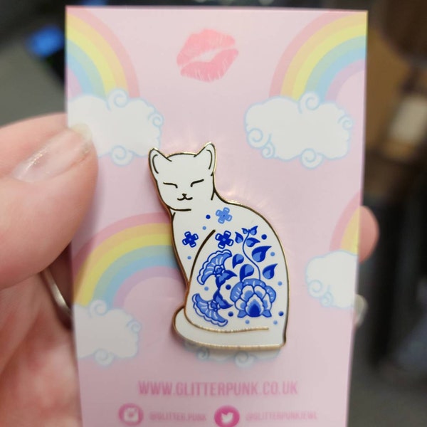 Willow Pattern Cat Enamel Pin Pottery Cat Pottery Themed White Cat ...