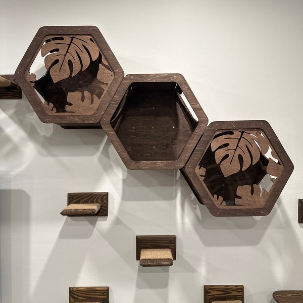 Cat Hexagon Shelves, Wood Wall Furniture for Cats, Wall Mount Shelf ...