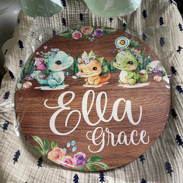 Girl Dinosaur Round Wood Name Sign, Dinosaur Baby Sign, Round Wood Baby ...