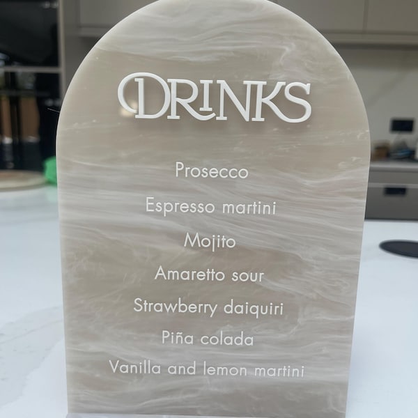 A6/A5 Arch Drinks Menu, Cream Beige Marble Acrylic Menu, UV Printed ...