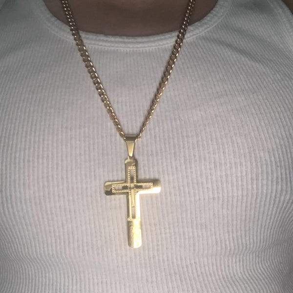 Gold Cross Necklace Men Curb Chain Everyday Necklace 14k Cross Catholic ...