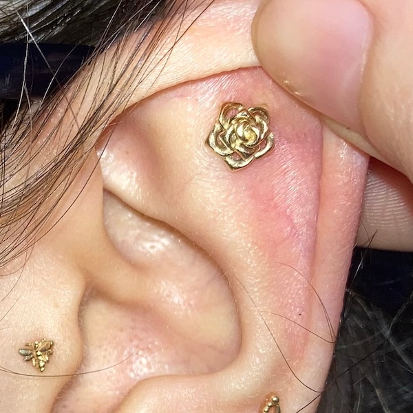 14K 18K Solid Gold Small or Large Rose Flower Ear Stud Cartilage Tragus ...