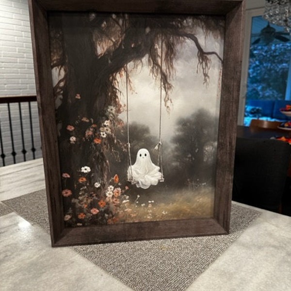 Cute Ghosts in Fall Meadow W/ Haunted House, Vintage Ghost Painting ...