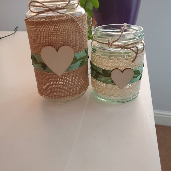 6 X Sage Green and Lace Decorated Jars Ideal for Wedding Centrepieces ...