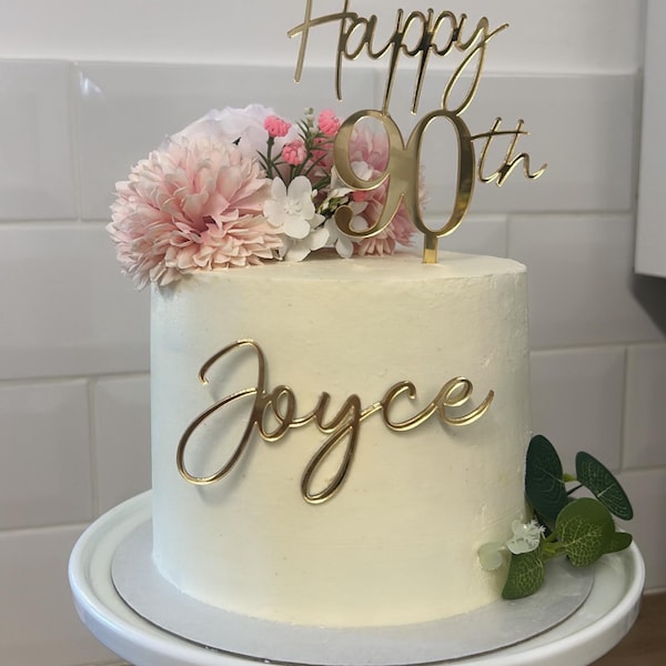 Acrylic Happy 90th Birthday Cake Topper and Name Cake Charm, Gold ...