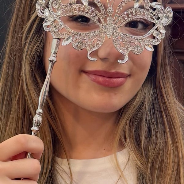 Crystal Masquerade Mask With Silver Stick: Prom, Wedding Party - Etsy
