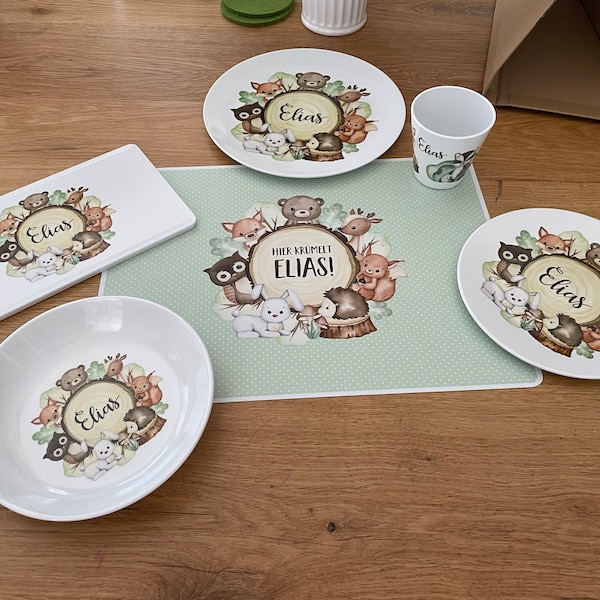 Kindergeschirr, personalisiert, Dschungeltiere, Kinderteller mit Namen, Taufgeschenk, Geschenk ...
