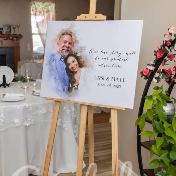 Wedding Welcome Sign Watercolor Couple Portrait,, Photo Wedding Sign ...