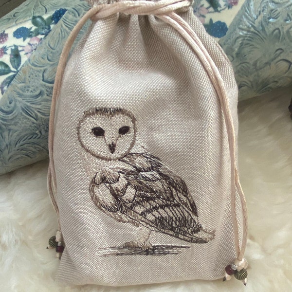 Embroidered Natural Barn Owl Drawstring Bag, Handmade, Silk Lined - Etsy