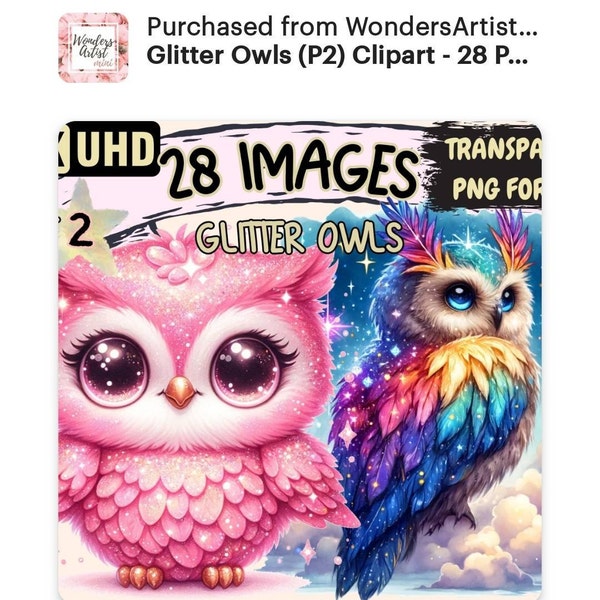 Glitter Owls Clipart – 28 Sparkling PNG Graphics, Commercial Use ...