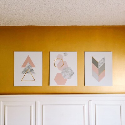 Set of 3 Geometric Prints Pink Marble Gray Rose Gold Printable Wall Art ...