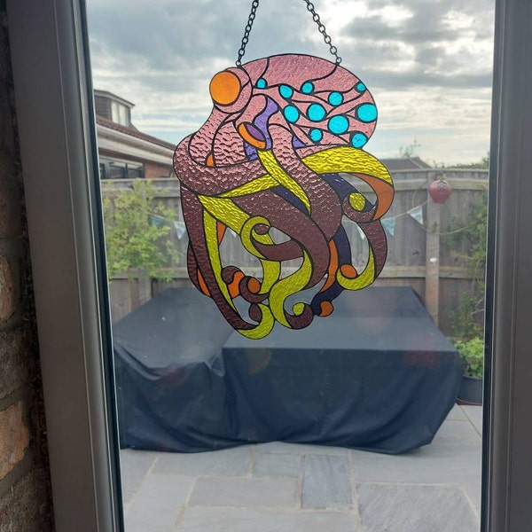 Stained Glass Octopus Suncatcher Window Hanging Panel Stained Glass ...