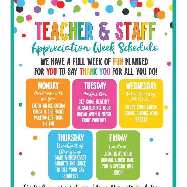 Editable Teacher Appreciation Week Schedule Flyer Itinerary Luncheon ...
