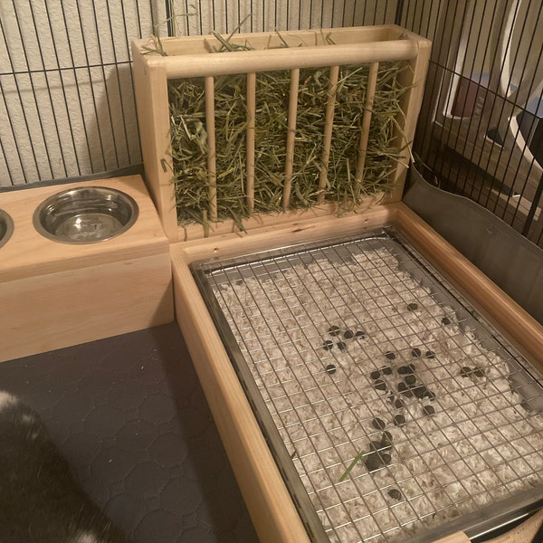 Stainless Steel Scatterless Litter Box With Wood Hay Feeder Food Stand ...