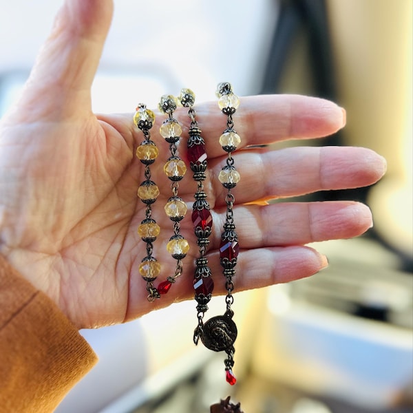 Jesus Mary Tween Hearts Rosary-peach Moonstone&vintage Bronze Prayer ...