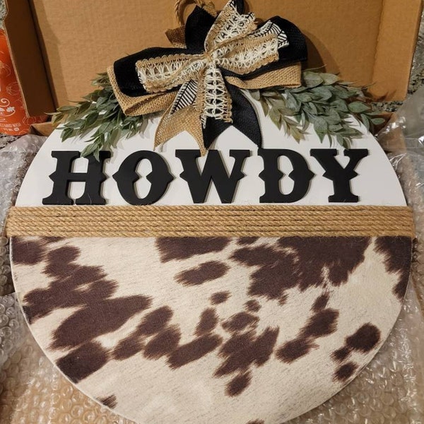 Howdy, Cowhide Door Hanger, Cowprint, Farmhouse Door Hanger, Western ...