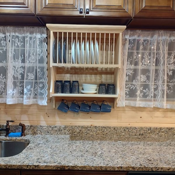 NEW* Split Shelf Cabinet Wall Counter Wood Plate Dish Rack Mugs Glasses ...
