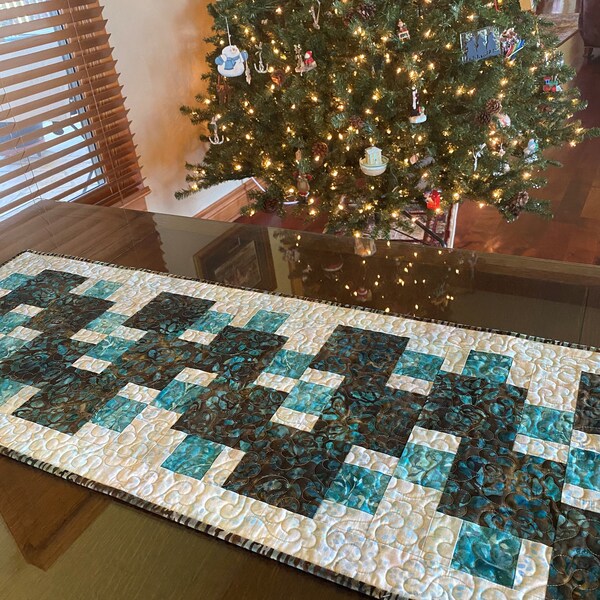 Quilted Batik Table Runner in Earth Tones With Blue, Modern Quilted ...