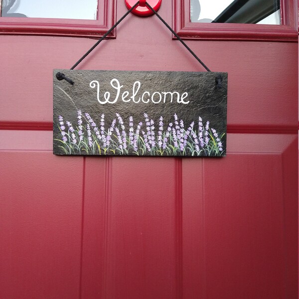 Lavender Flower Welcome Sign, Painted Slate Sign, Porch Decor, Floral ...