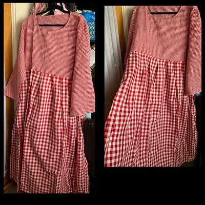 Red Check Linen Dress,full-length Tunic Dress, Kaftan Dress, Loose ...