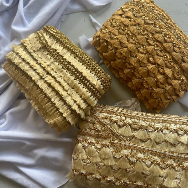 Gold and White Beaded Indian Tassel Lace Trim, Gold Beaded Trim, Beaded ...