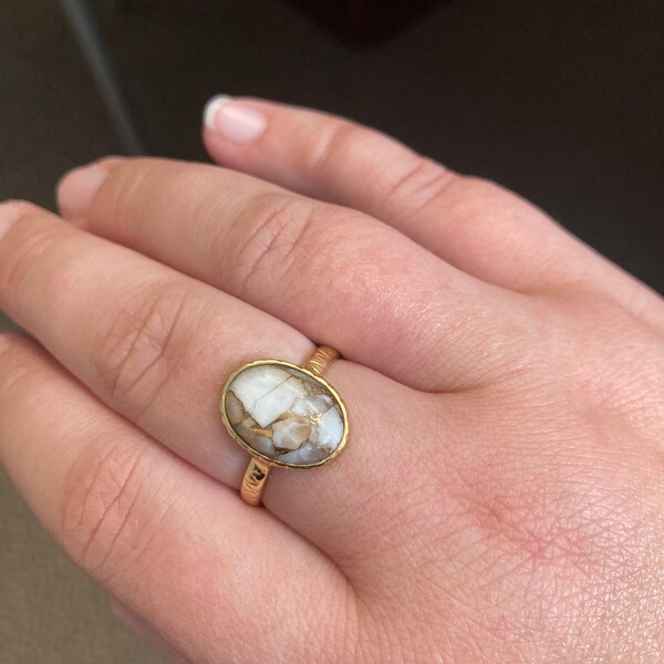 White Calcite Ring - Pure Silver - Copper Calcite Oval - Handcrafted ...