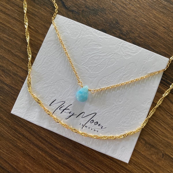 Wire Wrapped Larimar Teardrop Pendant Necklace Gold / Minimalist ... Wire Wrapped Larimar Teardrop Pendant Necklace Gold / Minimalist ...