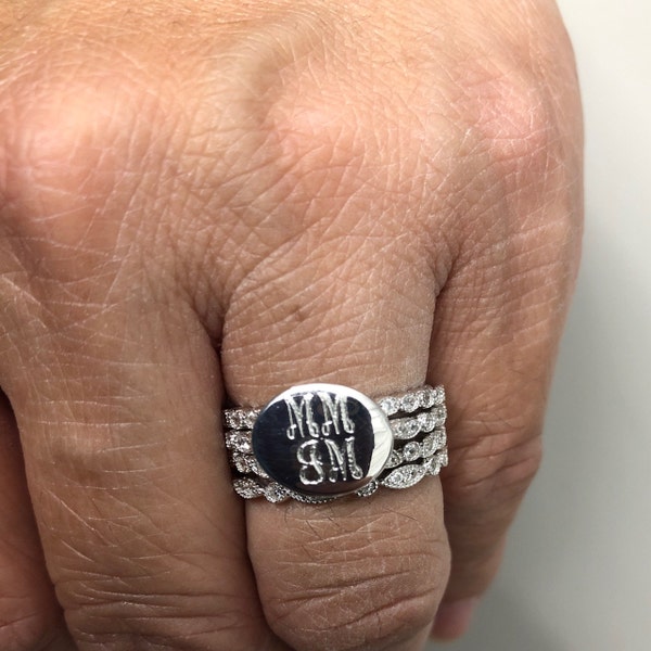 925 Silver CZ Stacking Monogram Ring, Wedding Set, Monogram Stackable Ring, Art Deco, Sterling ...