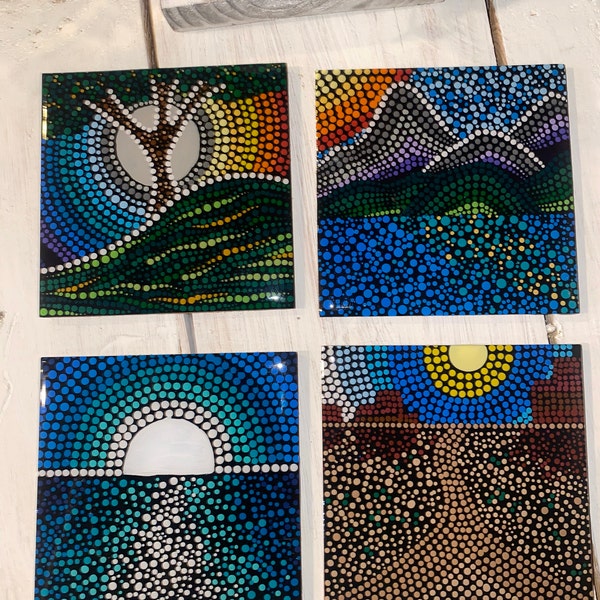 3 Mandala Dot Art Tan, Muted Blues, and Greens Handmade Rock Meditation ...