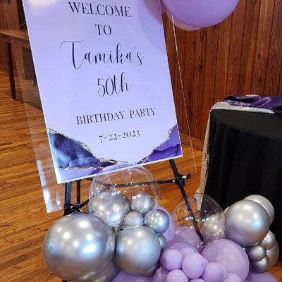 Editable Shades of Purple Birthday Welcome Sign, Purple and Gold Agate ...