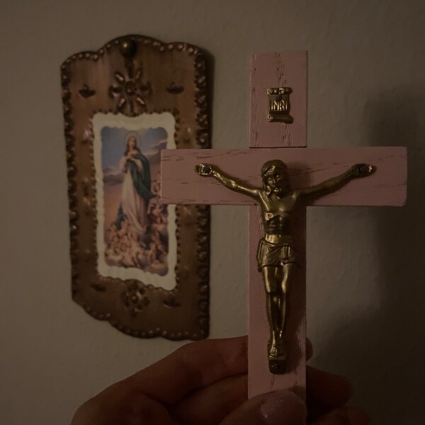 5" Wall Crucifix Wood Baby Pink Gold Decor Christ Cross Crucifijo ...