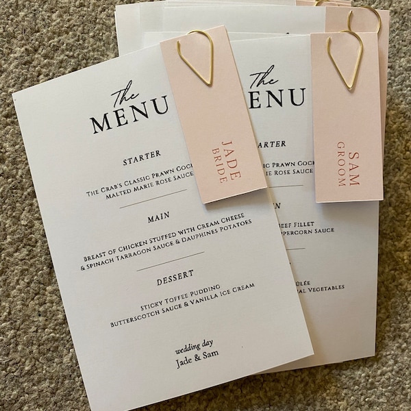Menu Name Tag - Wedding Name Card - With - Gold Teardrop Clip - Place ...