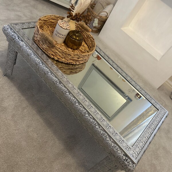 Silver Moroccan Embossed Metal Glass Console Side Hall Dressing Table ...
