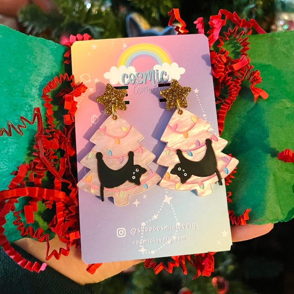 Bad Kitty Pink Christmas Tree Earrings | Acrylic Earrings | Christmas ...